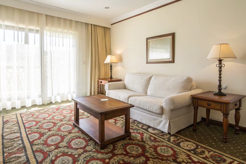 Bright Room with White Sofa Table Pattern Carpet and Lamp Stock Photo ...