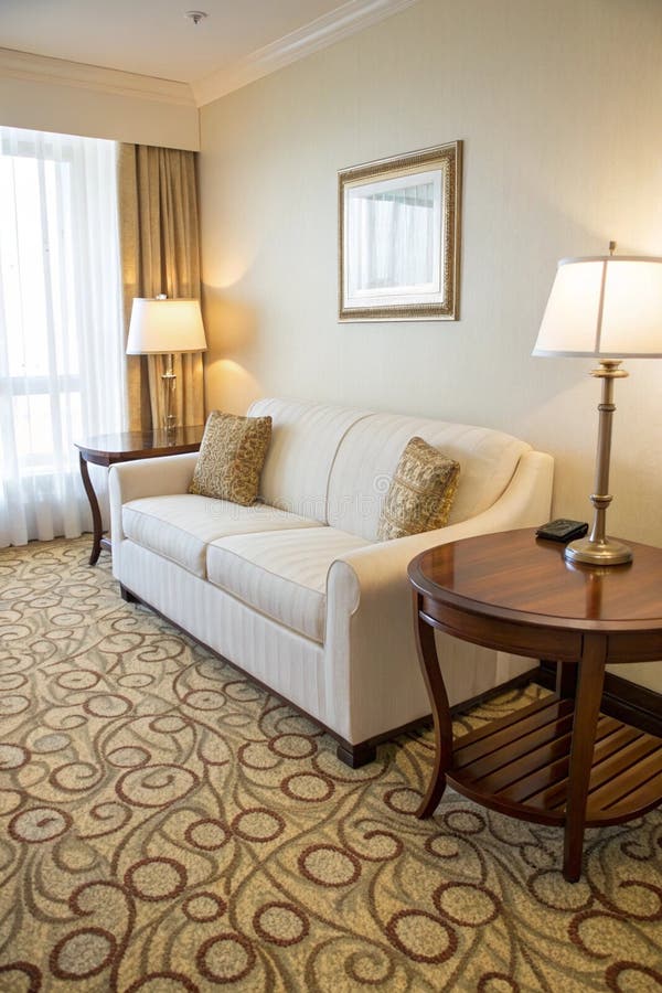 Bright Room with White Sofa Table Pattern Carpet and Lamp Stock Photo ...