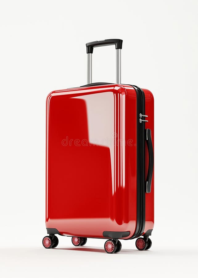 Bright Ruby Red Travel Suitcase Stands Upright with Extended Handle ...