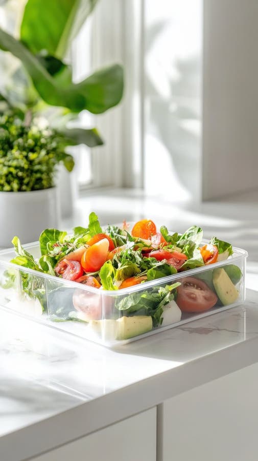 Bright Salad in a Clear Biodegradable Clamshell Box on a Modern ...