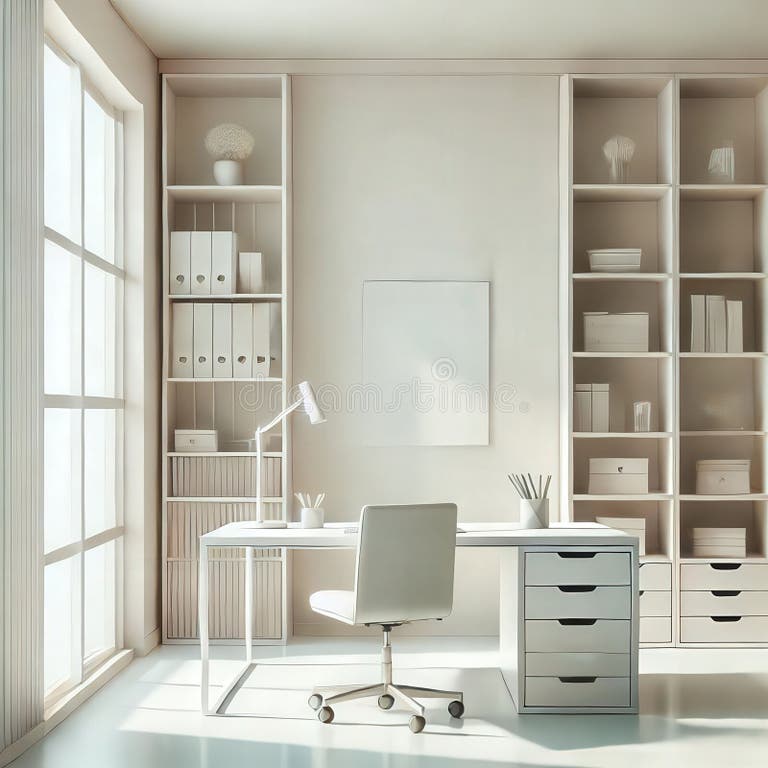 A Bright, Schematic Office Space Featuring a Minimalist Desk and ...