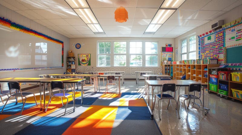 Bright school classroom stock illustration. Illustration of chair ...