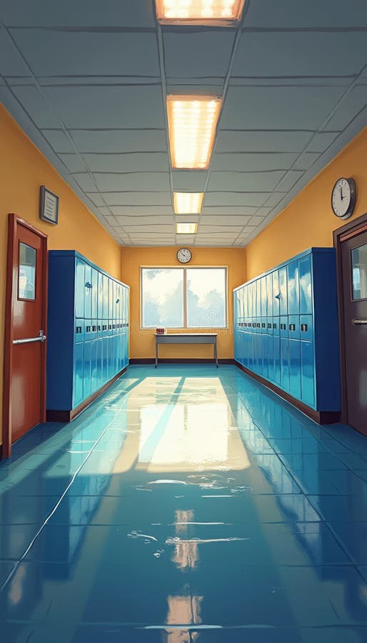 Bright Hallway School Colorful Lockers Sunlight Streaming Large Windows ...