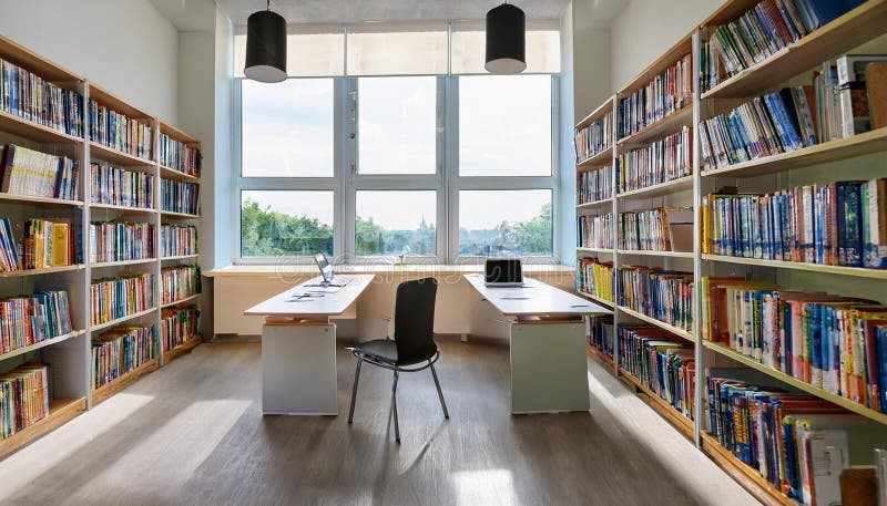 Bright School Library Interior with Workplace and Bookshelves ...