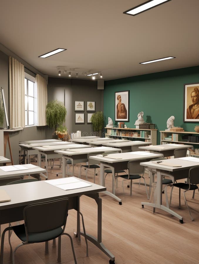 Bright School Room with White Desks, Chairs and Blackboard. Stock Image ...