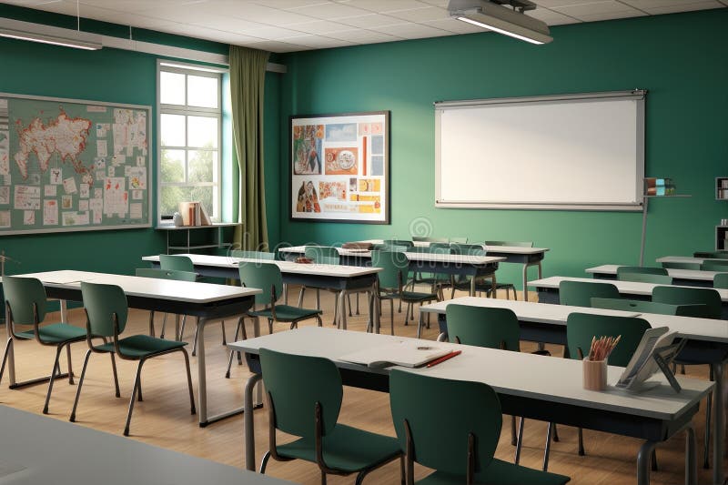 Bright School Room with White Desks, Chairs and Blackboard. Stock Photo ...