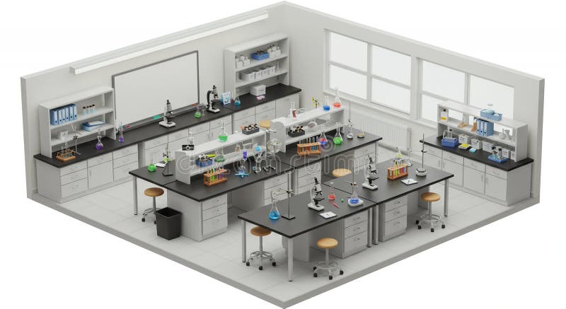 Bright Science Laboratory with Experiment Tables and Glassware in an Isometric View Stock ...
