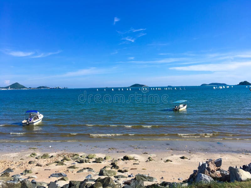 Bright Sea with Many Sails and Boat, the Sky is Very Blue Stock Photo ...