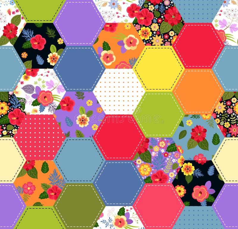 Bright Seamless Patchwork Pattern In Red Colors Patches With Floral
