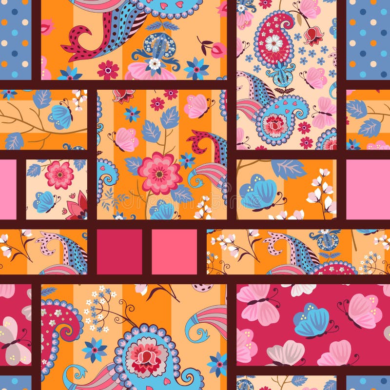 Bright Seamless Patchwork Pattern with Paisley and Floral Ornaments ...
