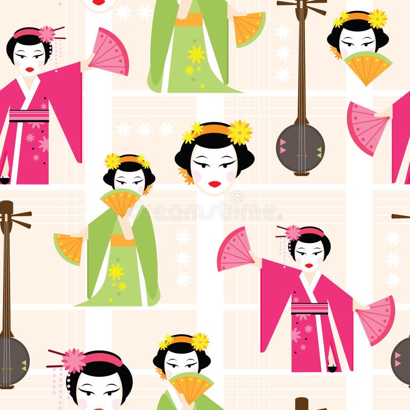 Bright Seamless Pattern with a Dancing Geisha. Vector Illustration ...