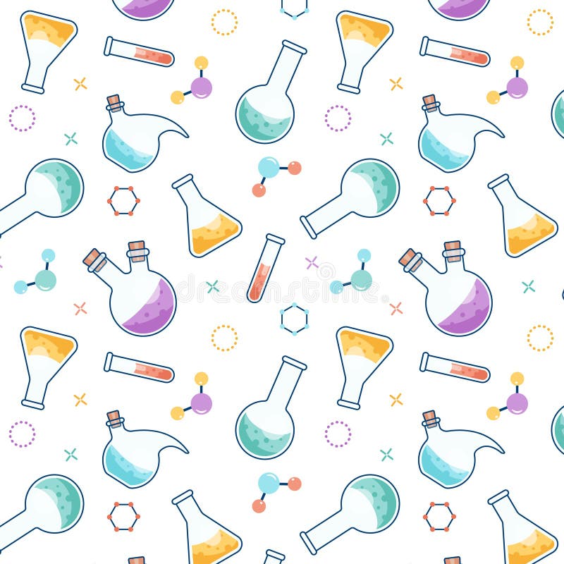 A Bright Seamless Pattern with Elements of Chemistry Flasks, Test Tubes ...