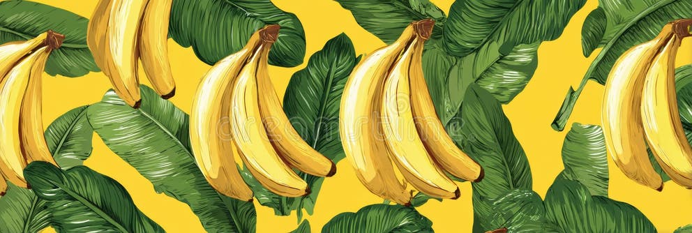 Bright Seamless Pattern Featuring Bananas and Tropical Leaves with ...