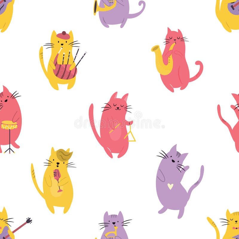 Bright Seamless Pattern with Funny Cats Musicians Stock Vector ...