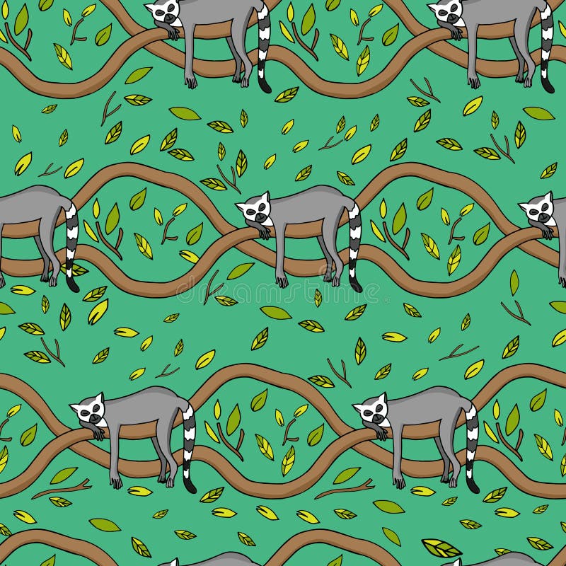 Lemur sleep pattern green stock vector. Illustration of color - 189638266
