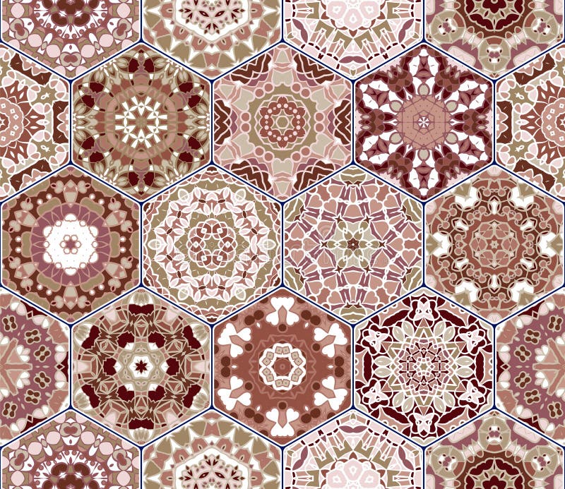 Bright Seamless Pattern of Hexagonal Tiles with Vintage Ornament. Stock ...