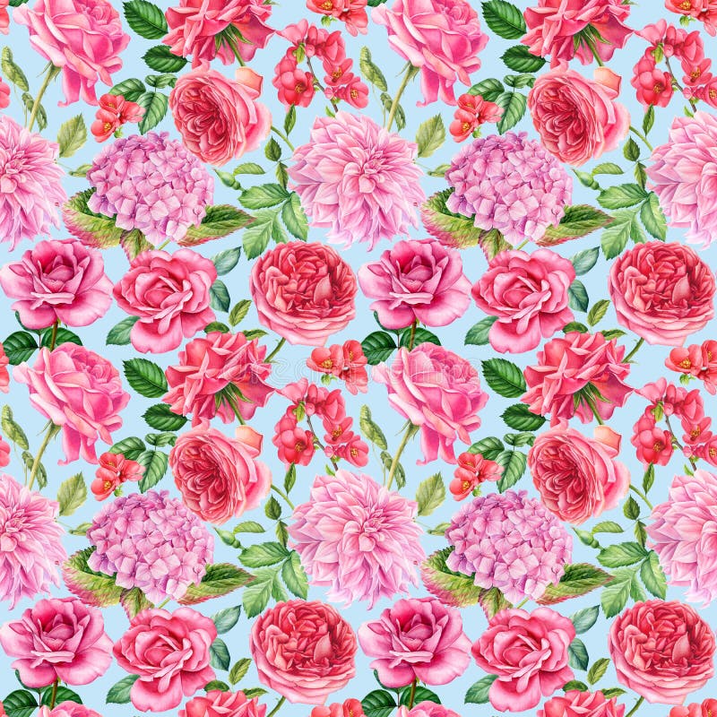 Bright Seamless Pattern Hydrangea and Roses Flowers, Watercolor ...
