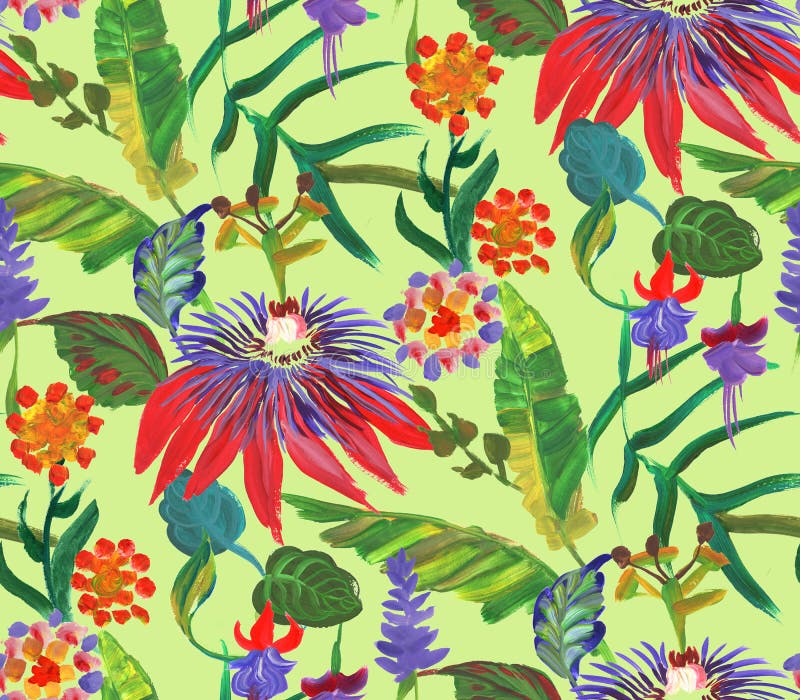 Bright Seamless Pattern with Multicolored Tropical Flowers and Leaves ...