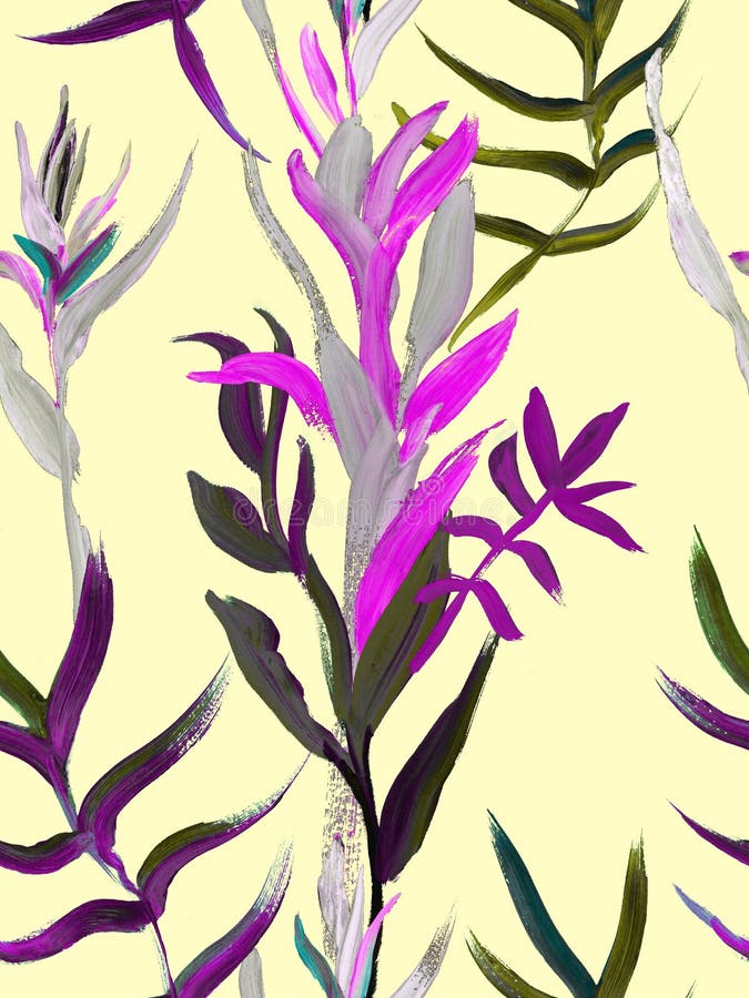 Bright Seamless Pattern with Pink Tropical Flowers and Leaves Stock ...