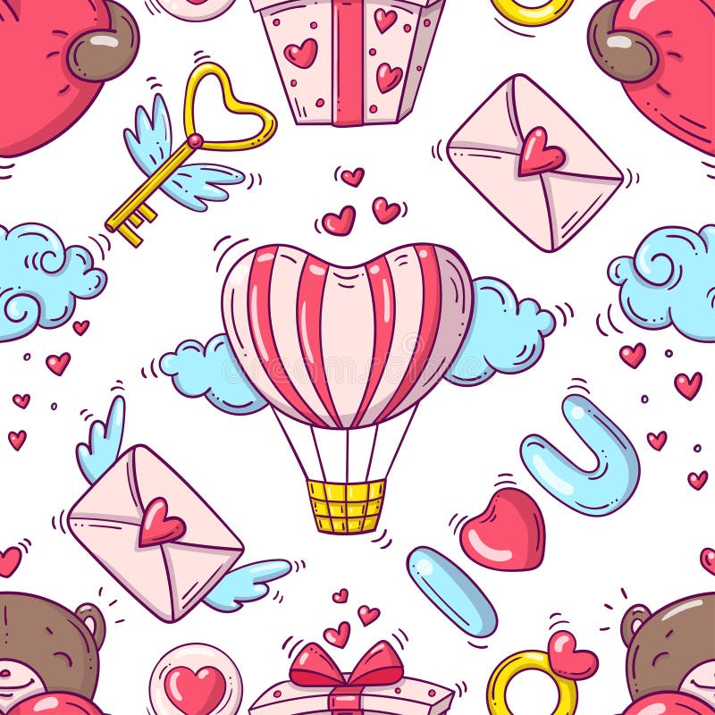 Bright Seamless Pattern with Valentines Day and Love Objects in Doodle ...