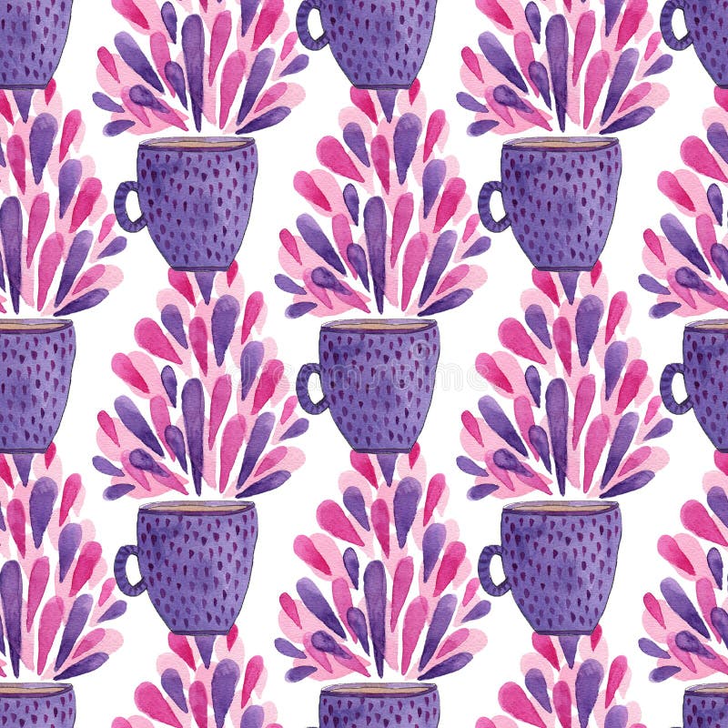 Bright Seamless Pattern. Watercolor Texture with Tea Cups Stock ...