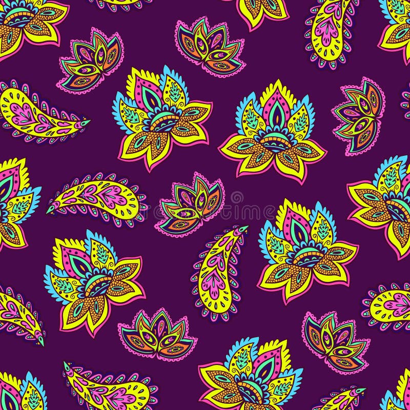 Bright Seamless Psychedelic Pattern with Plant and Floral Elements ...
