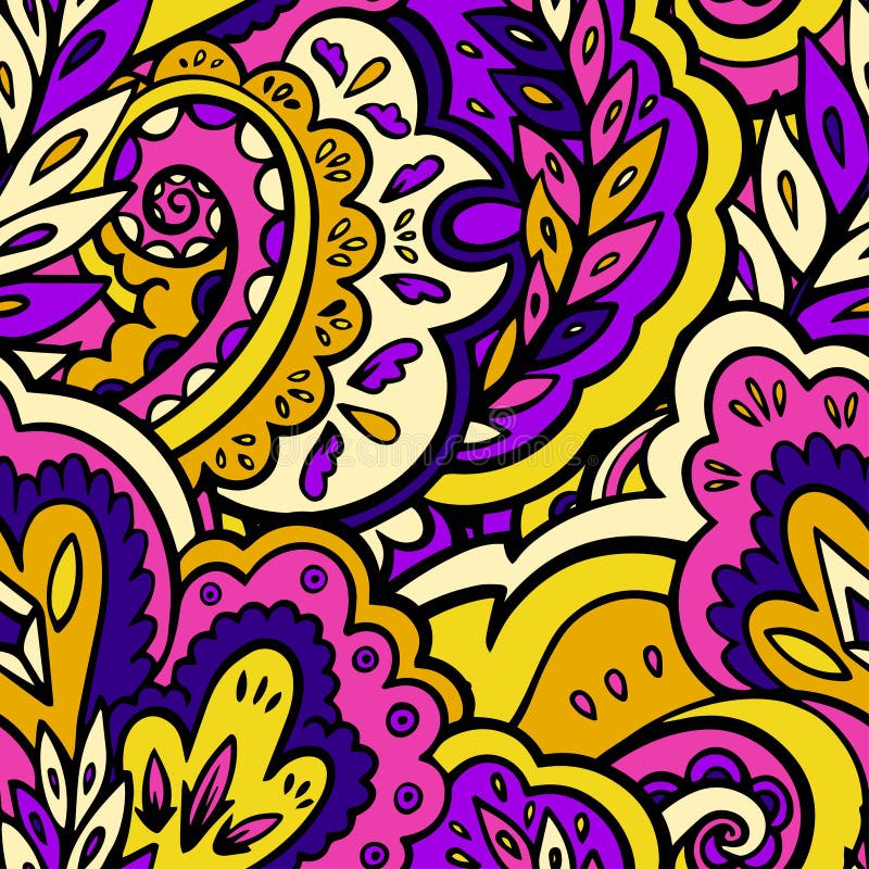 Bright Seamless Psychedelic Pattern with Plant and Floral Elements ...