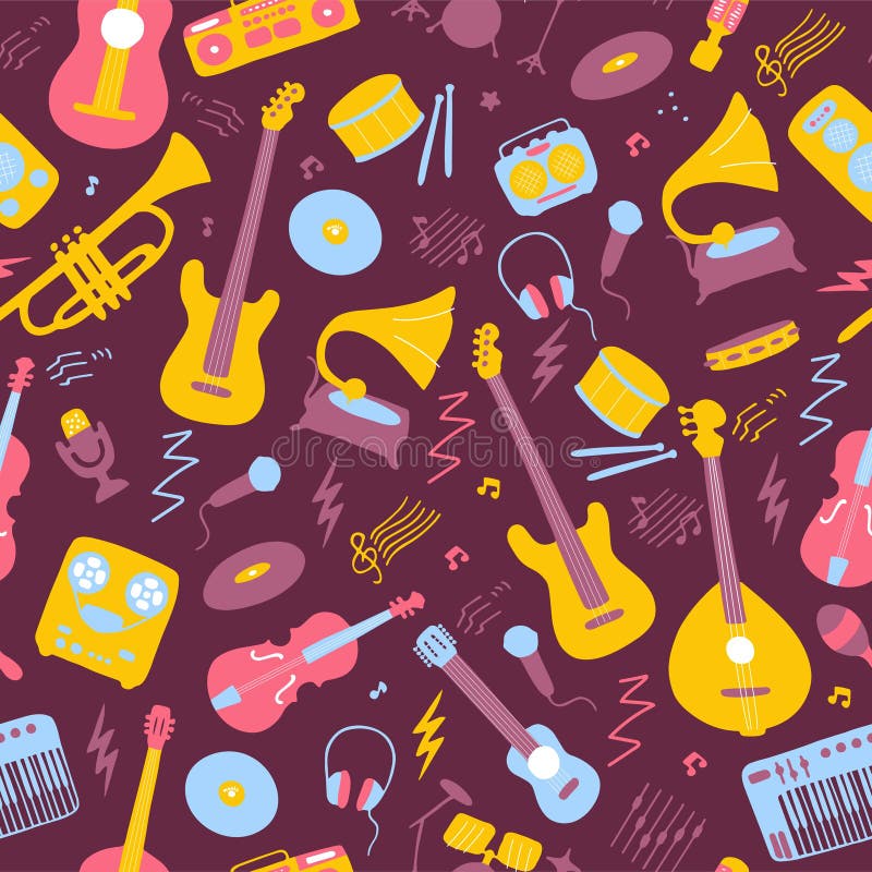 Musical Pattern. Hand-drawn Musical Instruments Icons. Bright Seamless ...