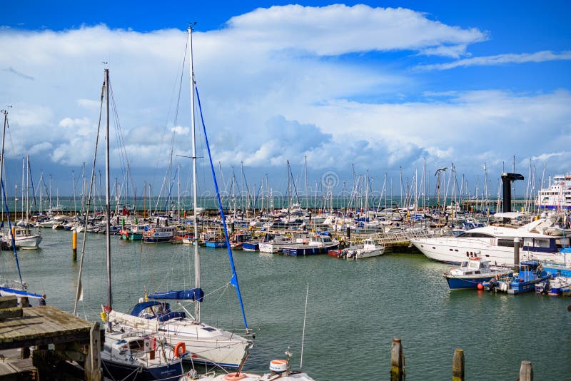 Bright Seaside Harbour Scene in Summer, Many Boats Editorial Stock ...