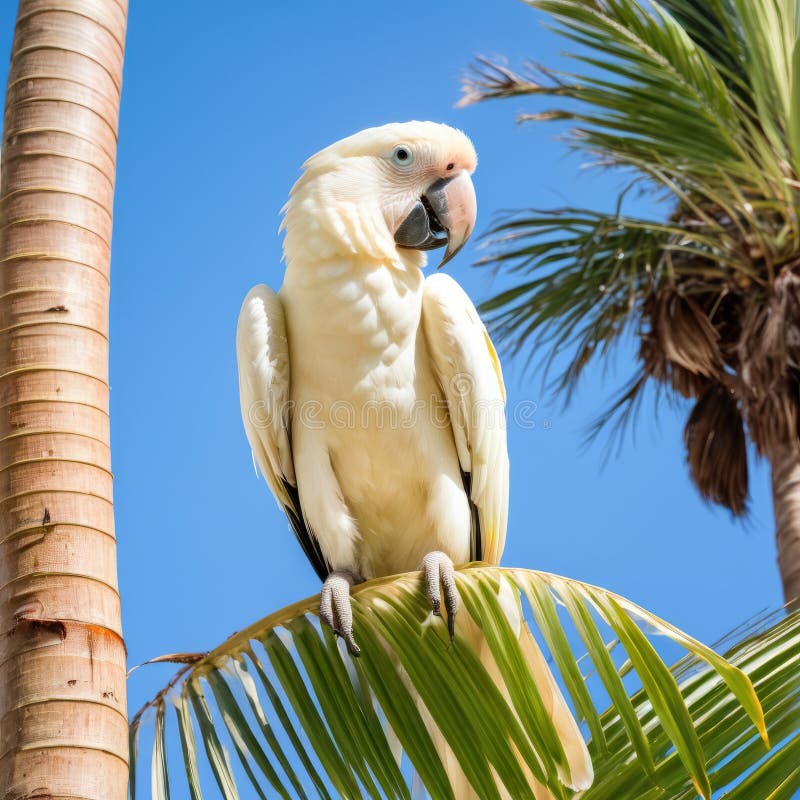 An Albino Macaw Perched on a Palm Tree in a Sunny Beach Resort Stock ...