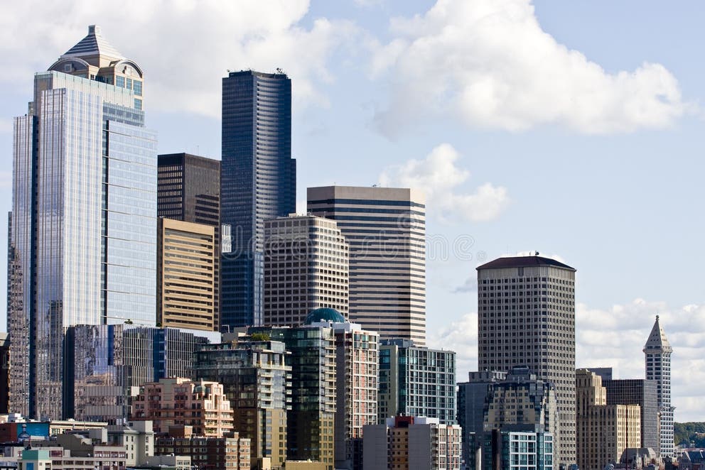 Bright Seattle Skyline stock photo. Image of construction - 8456764