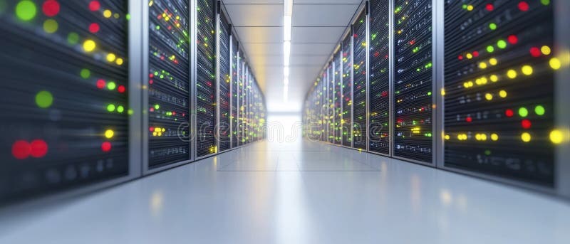 Bright Server Room Interior Rows of Dark Gray Racks with Multicolored ...