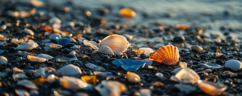Bright Shells Scattered Along a Serene Remote Beach at Sunset, Inviting ...