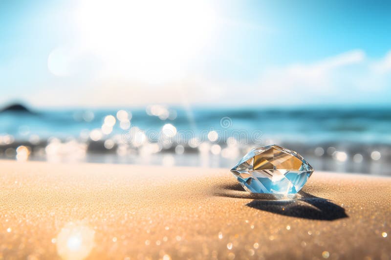 A Bright Shining Diamond on a Sand Beach with a Blurred Sun and Blue ...