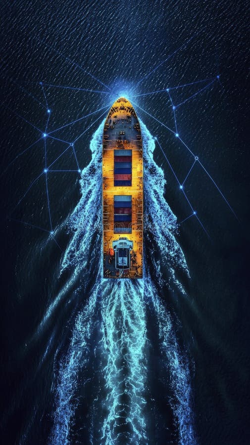 Bright Ship Moves through Glowing Digital Waters Stock Illustration ...