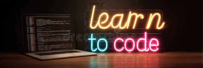 Bright Sign Promoting Coding with a Laptop Displaying Programming Code at a Desk during the ...