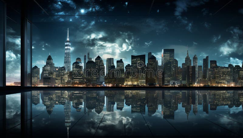 Bright Skyline Reflects on Water, Illuminating Cityscape Generated by ...