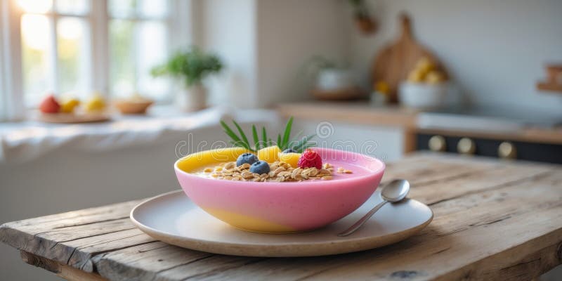 A Bright Smoothie Bowl Topped with Vibrant Fruits Arranged on a Pastel ...