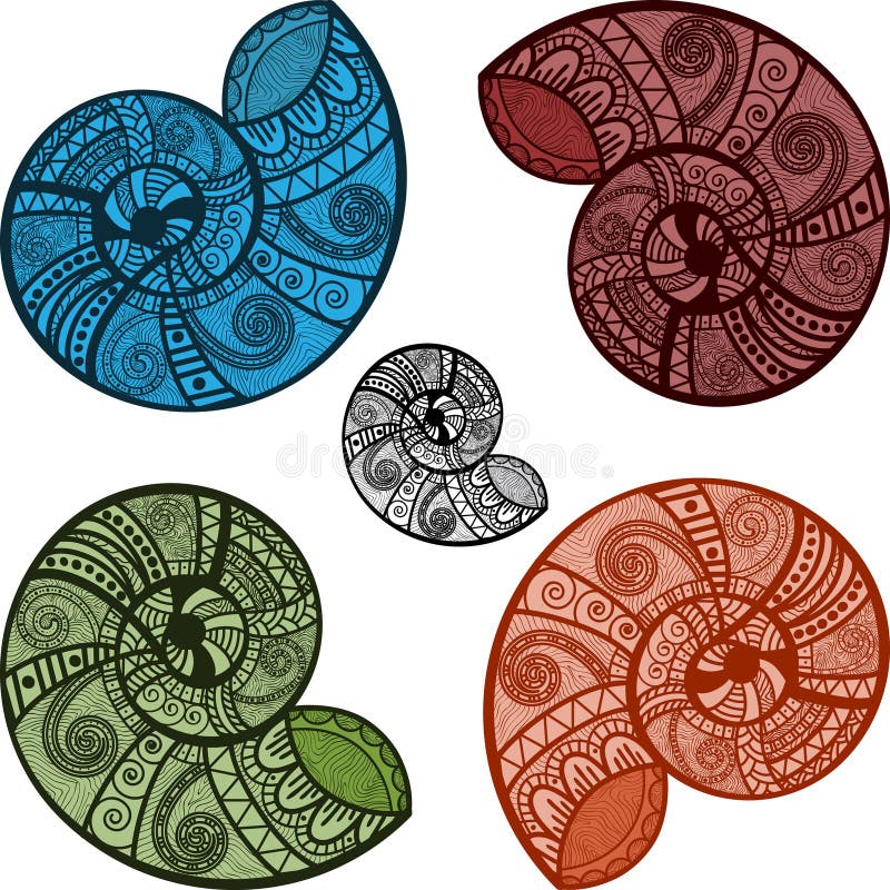 Bright Snail Shells with Ethnic Patterns Stock Vector - Illustration of ...