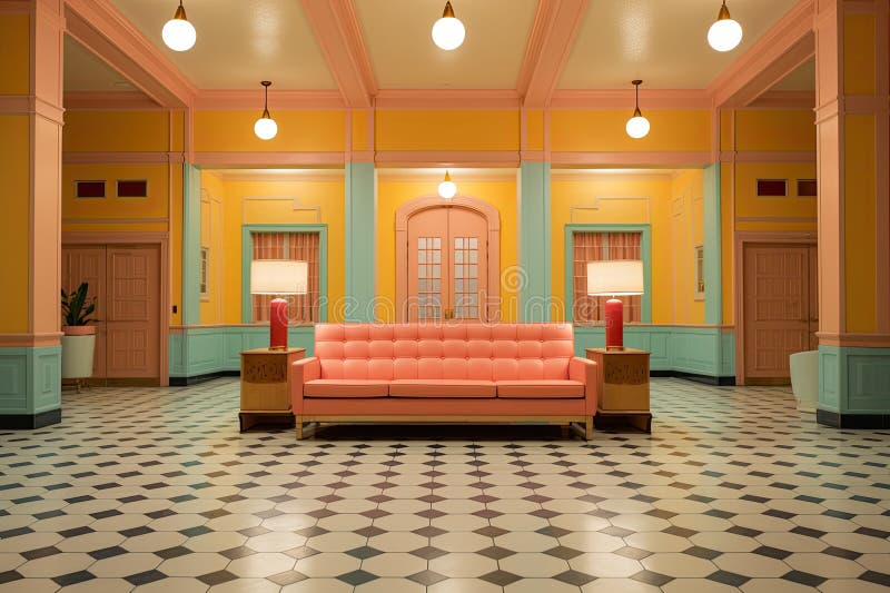 Bright Sofa Couch in Hotel Lobby with Patterned Tiled Floor, Pastel ...