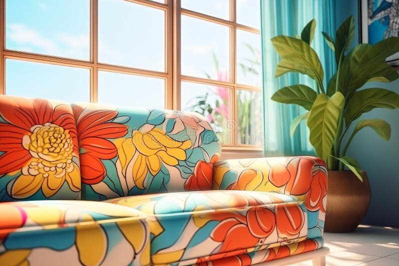 Bright Sofa with Floral Pattern in the Living Room, Pop Art Style ...