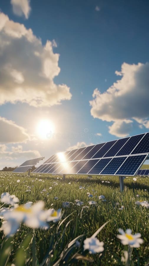 Bright Solar Panel Array Under Blue Sky with Fluffy Clouds and Flowers ...