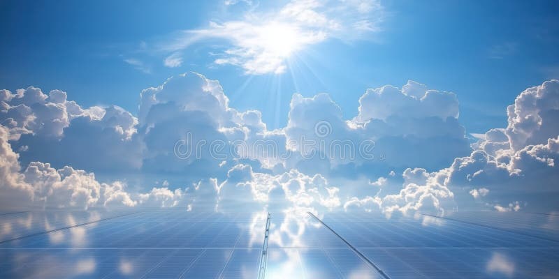 Bright Solar Panel Array Under Blue Sky with Fluffy Clouds and Sunlight ...