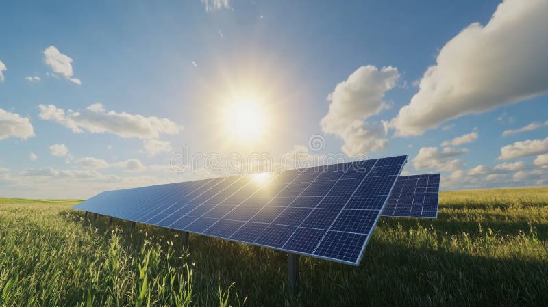 Bright Solar Panel Array Under Blue Sky and Sun Shining Stock ...