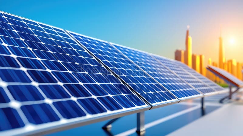 Bright Solar Panel on Rooftop with Modern City Skyline in the ...