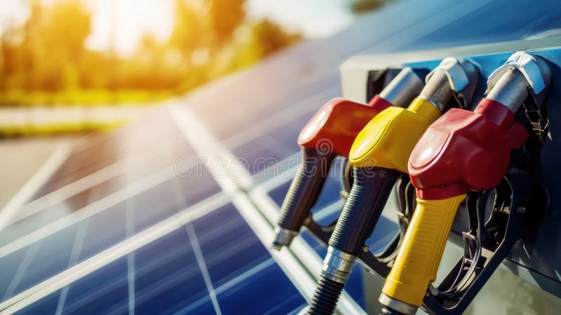 Bright Solar Panels Contrasted with Vibrant Gasoline Pumps Showcasing ...