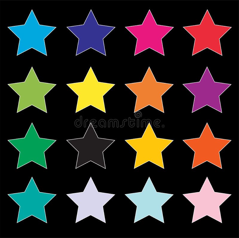 16 Bright Vibrant Solid Colored Star Vector Icon Set On Black ...