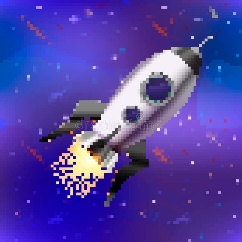 Bright Spaceship, Cute Rocket in Pixel Art Style on Space Background ... Bright Spaceship, Cute Rocket in Pixel Art Style on Space Background ...