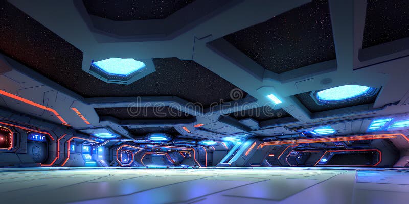 Bright Spaceship Interior, Blue Neon Lighting, Generated by Artificial ...