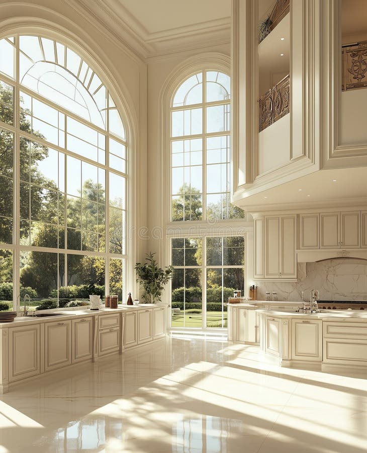 A Luxurious Kitchen with High Windows in a Large Rich House. Stock ...
